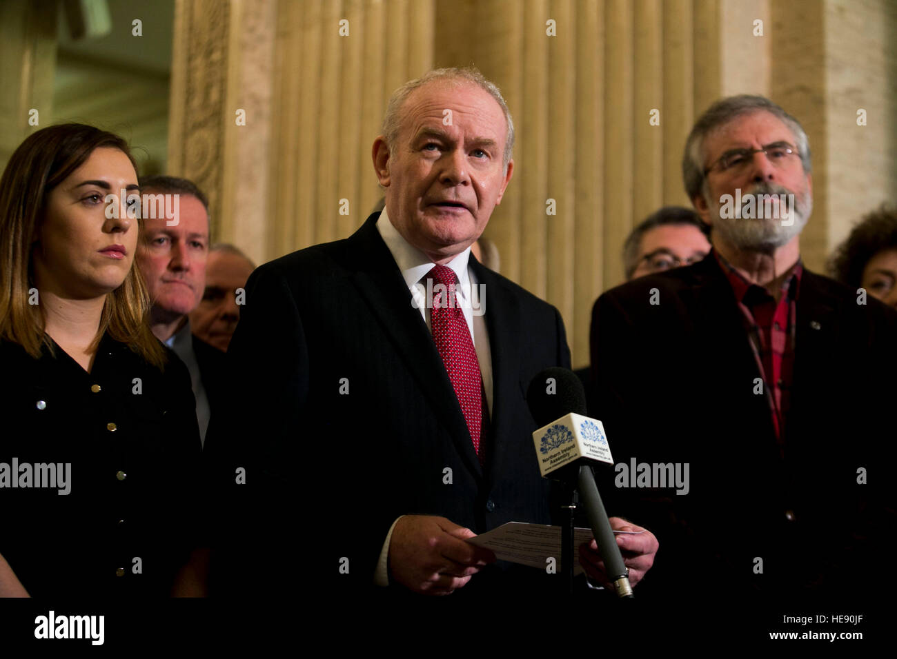 Deputy First Minster Martin McGuinness of Sinn Fein addresses media ...