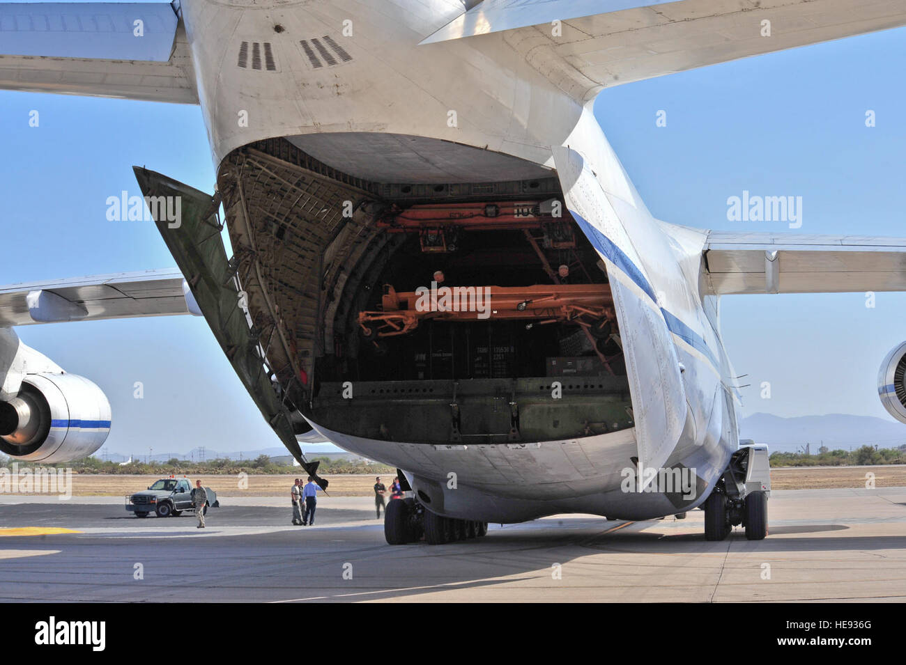 The rear cargo doors of an Antonov An-124-100 Ruslan that transported ...