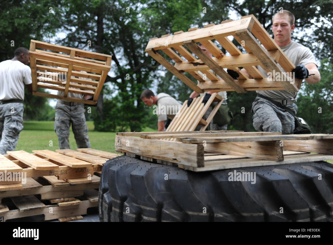 Airman 1st Class Joseph Schlank practices building up a pallet during ...