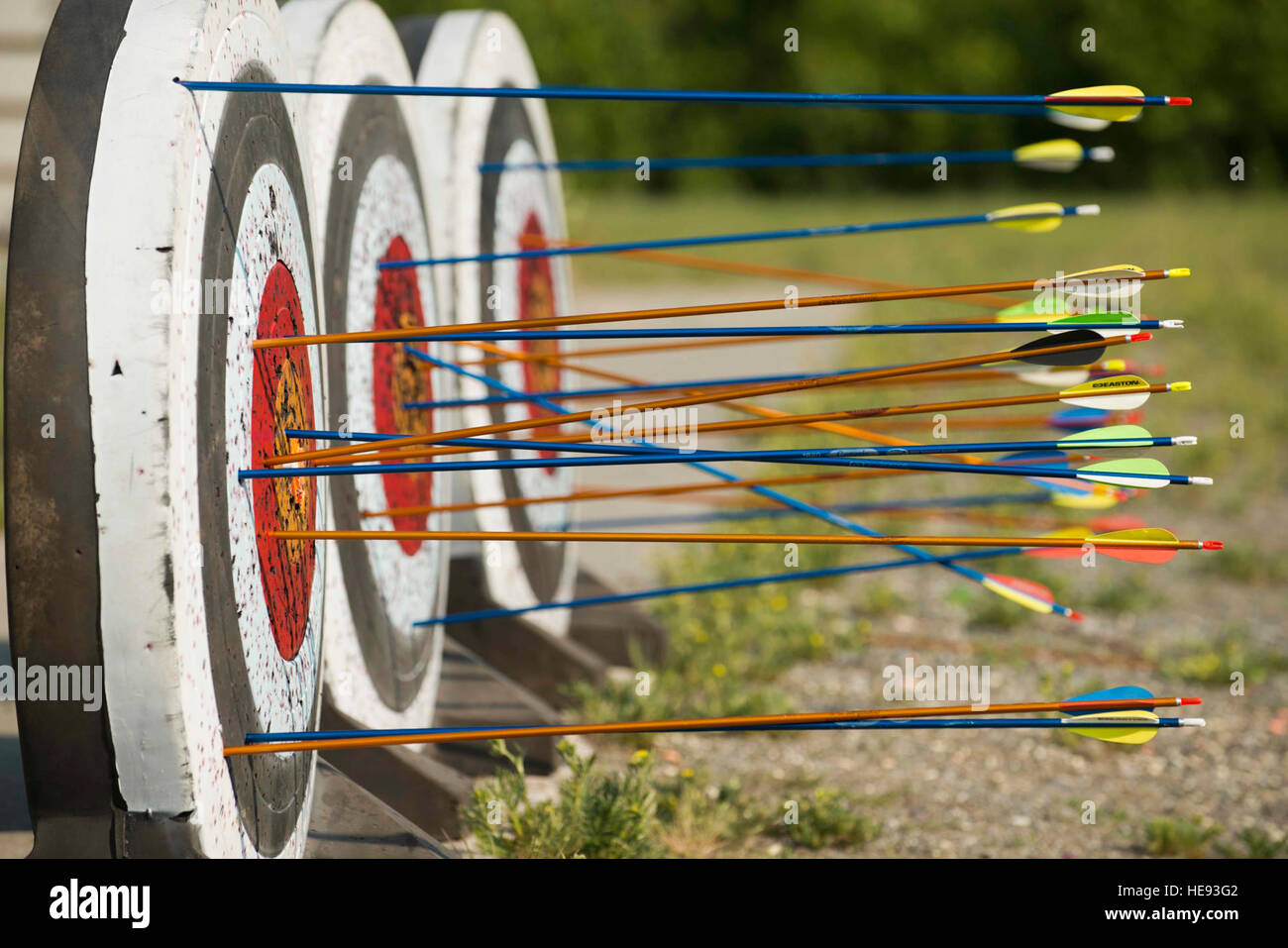 Targets stand full of arrows during an archery class June 15, 2015, at ...