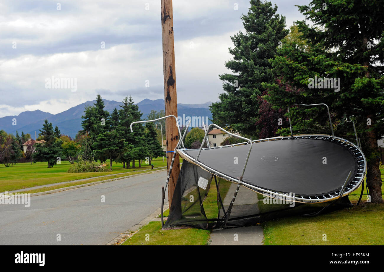 A trampoline rest against a power pole after an arctic storm caused ...