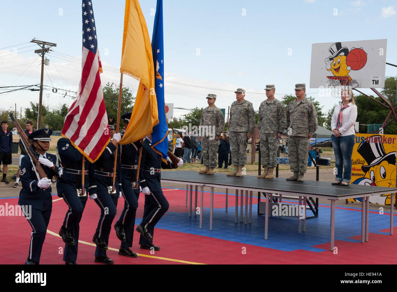Members of the Steel Talons Honor Guard present the colors to kick off ...