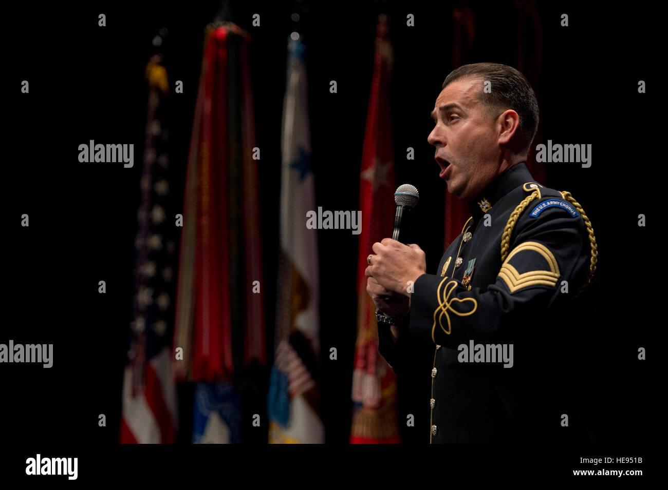 A singer from the U.S. Army Chorus sings the national anthem during the ...