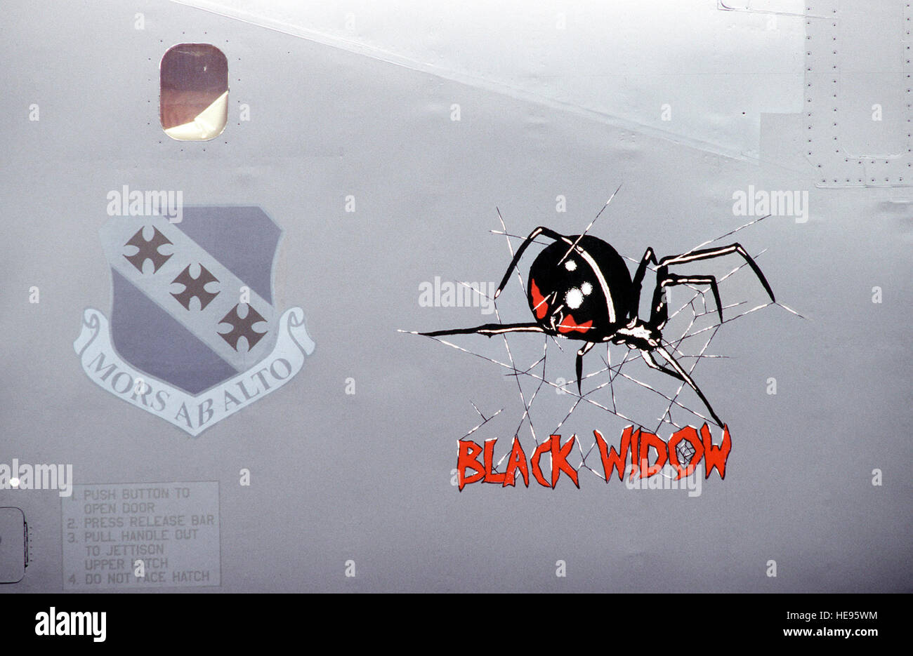 Nose art of B-1B Lancer bomber, "Black Widow," a back-up aircraft for ...