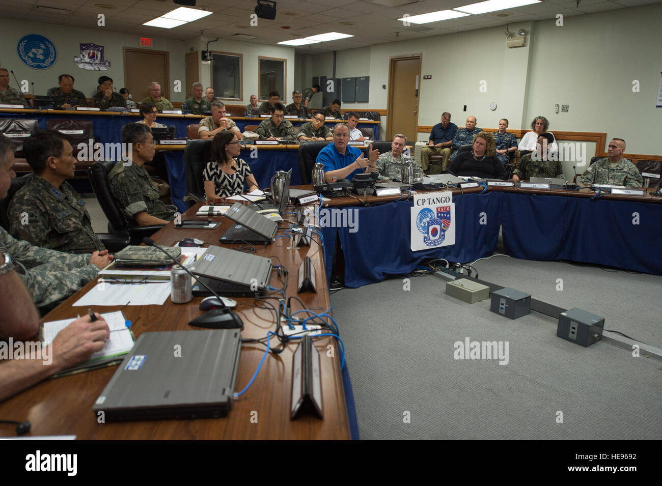 Deputy Secretary of Defense Bob Work addresses a room of military ...