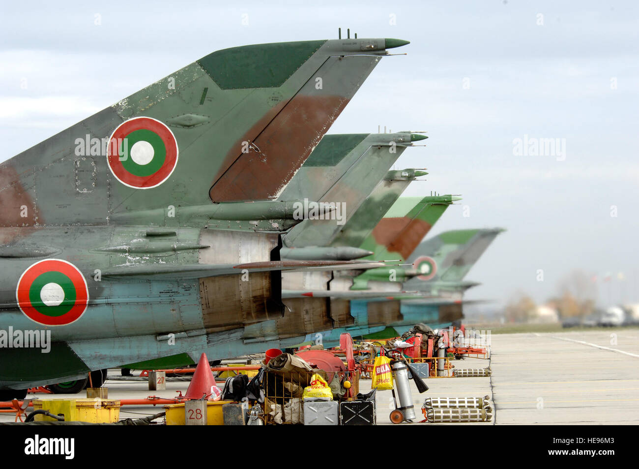 Bulgarian Air Force MiG-21 Fishbed aircraft parked on the flight line ...