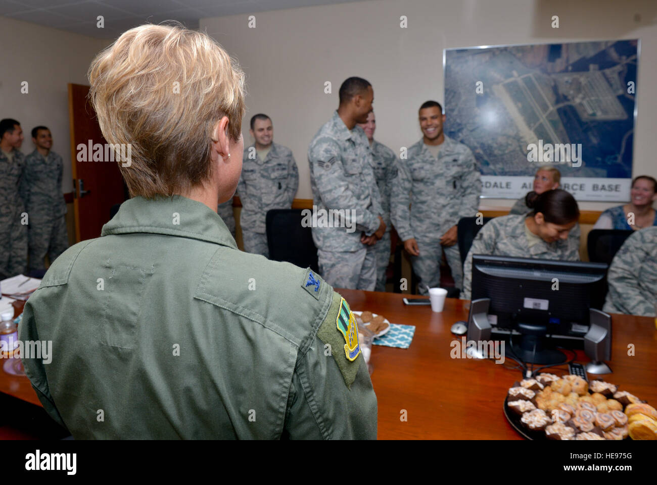 Col. Kristin Goodwin, 2nd Bomb Wing commander, speaks to 2SFS Airmen ...