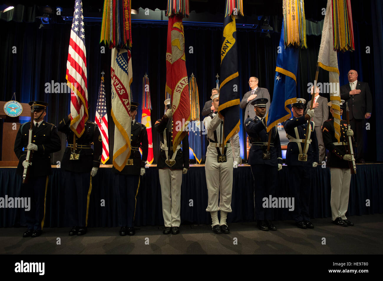A U.S. Military Joint Color Guard presents the national colors in the ...