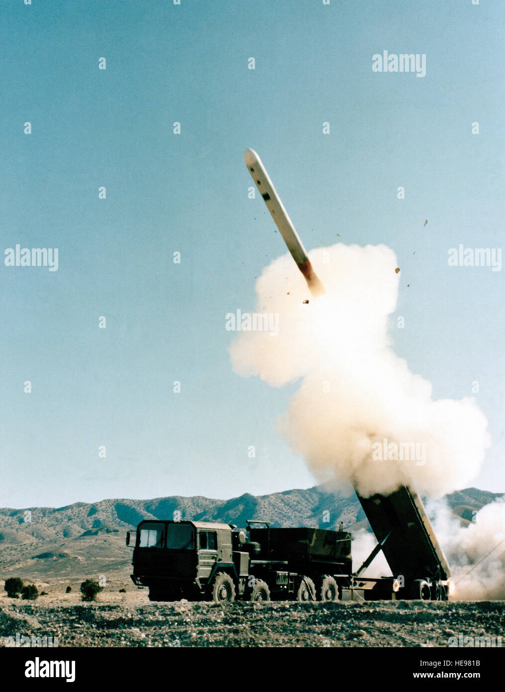 A Ground Launch Cruise Missile (GLCM) after it emerges from the ...