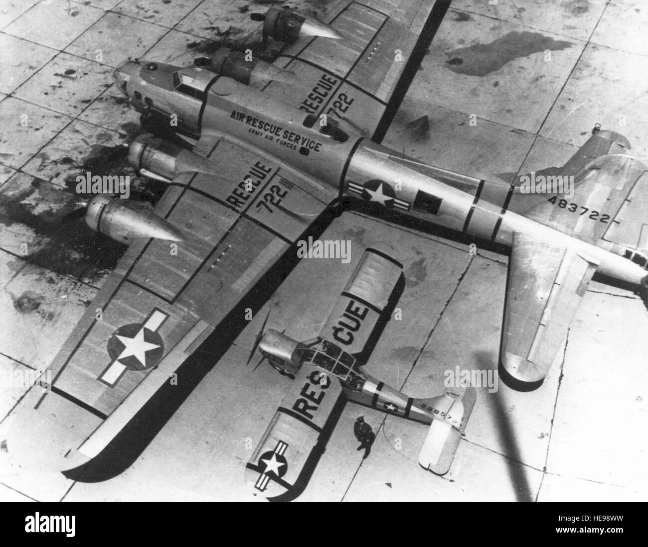 Top view of Boeing SB-17G (S/N 44-83722) with Stinson L-5 (S/N 42-98578 ...