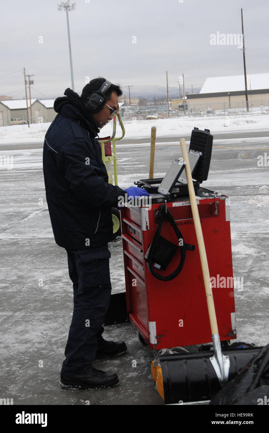 ME2 Chris Chee, 428th Fighter Squadron flight line crew member, uses a ...