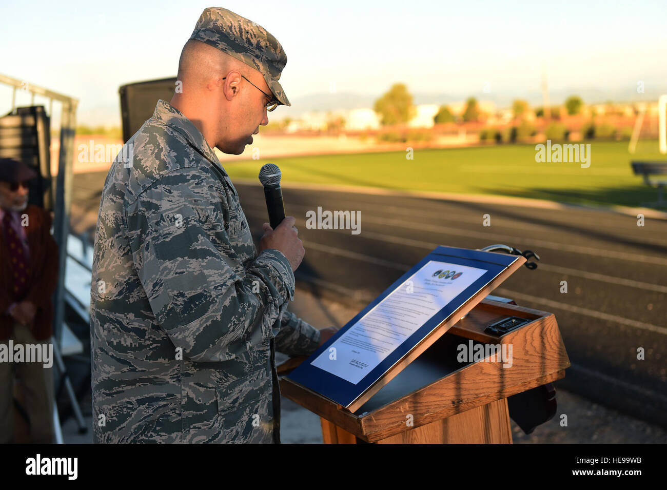 Col. David Miller Jr., 460th Space Wing commander, reads a domestic ...