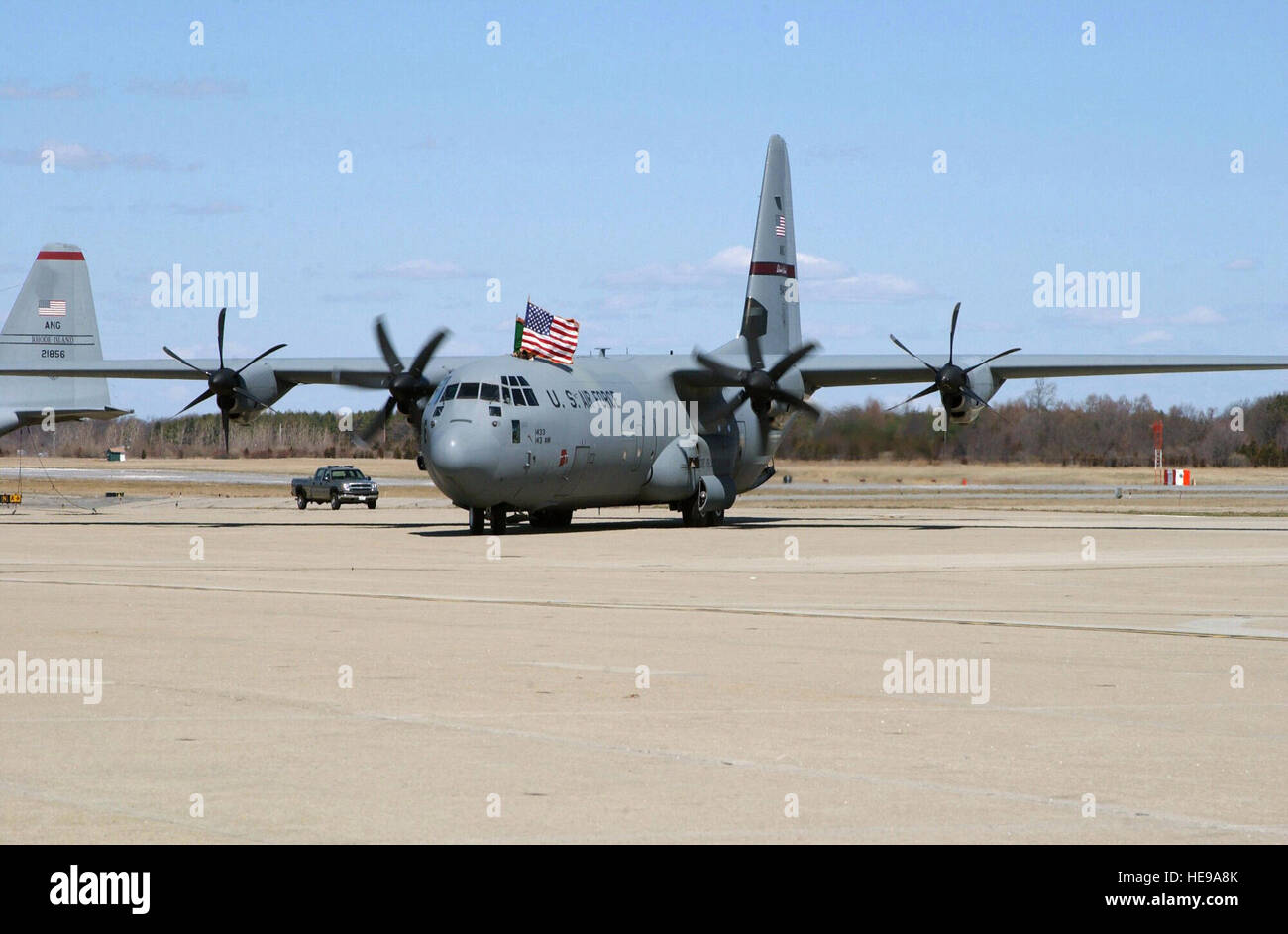 A member of the Rhode Island Air National Guard (RIANG) 143rd Airlift ...