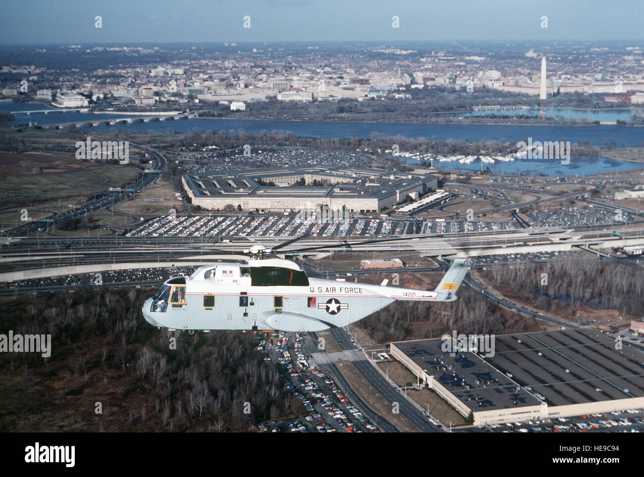 A left side view of a CH-3 Sea King VIP transport helicopter in flight ...