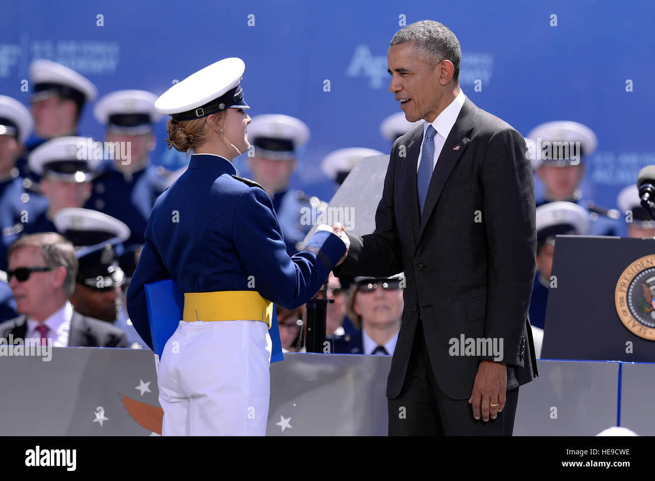 U.S. President Barack Obama congratulates Cadet 1st Class Riley Vann at ...