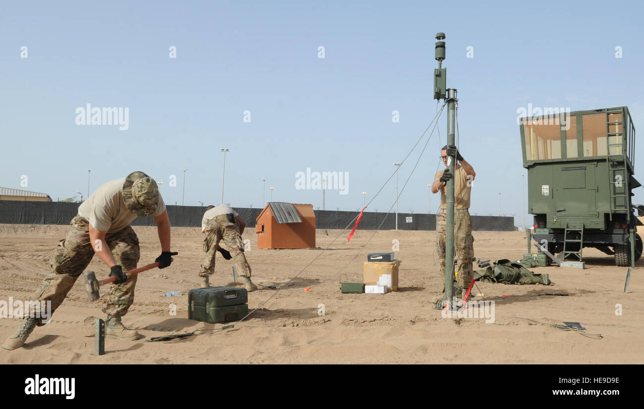 Airmen from the 1st Combat Communications Squadron drive stakes into ...