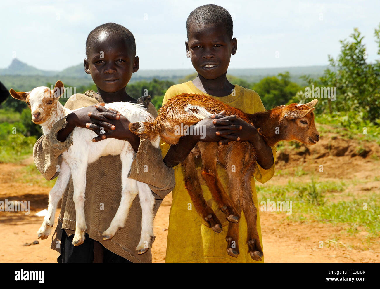 Two local village boys bring their baby goats to be vaccinated during a ...