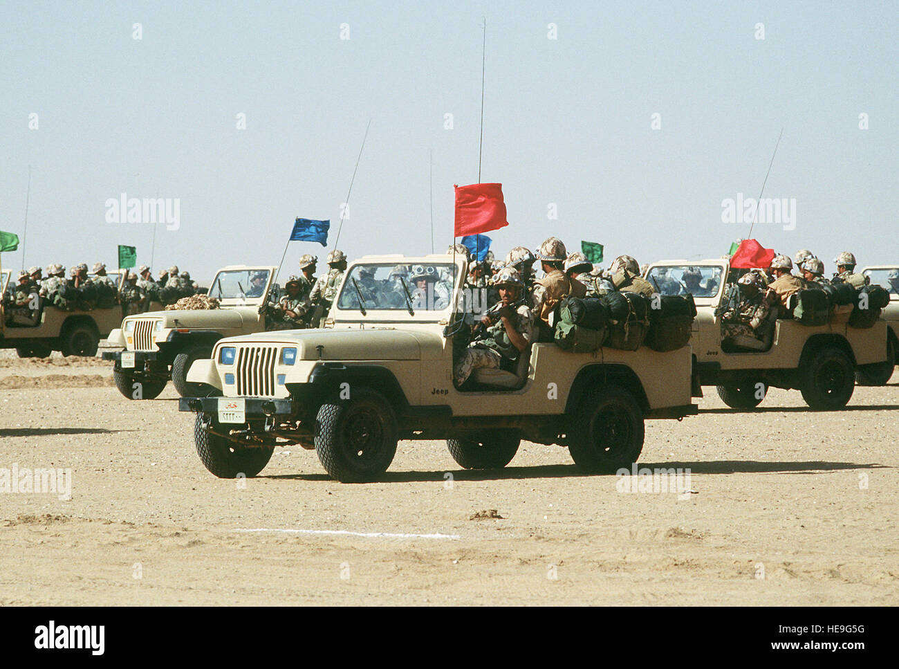Crews of an Egyptian ranger battalion parade in Jeep light vehicles in ...