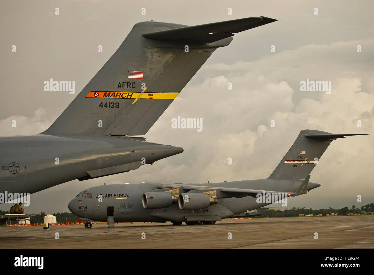 C-17 Globemaster III aircraft assigned to the U.S. Air Force 452nd Air Mobility Wing, foreground ...