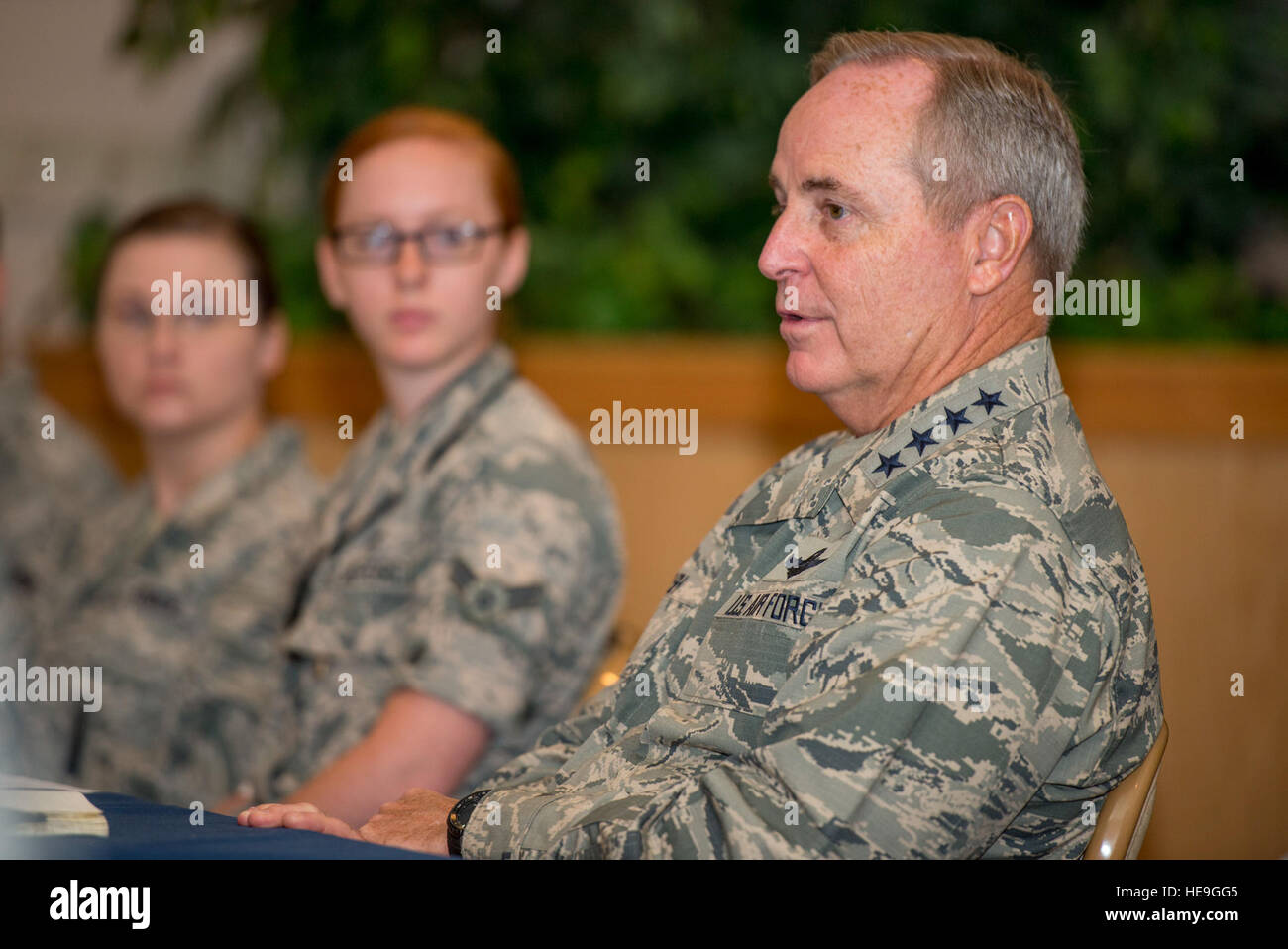 Air Force Chief of Staff Gen. Mark A. Welsh III talks with Airmen during a visit to the 5th Bomb ...