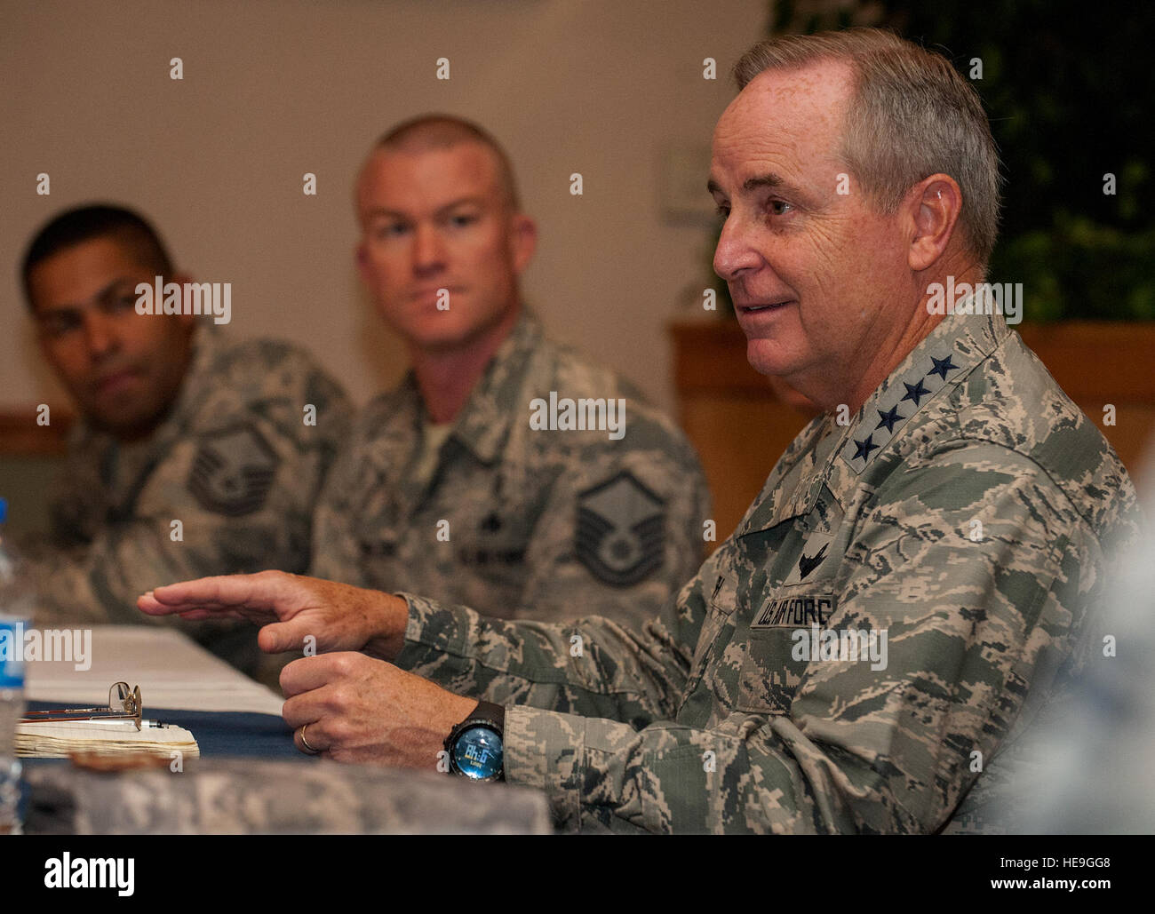 Air Force Chief of Staff Gen. Mark A. Welsh III talks with Airmen during a visit to the 5th Bomb ...