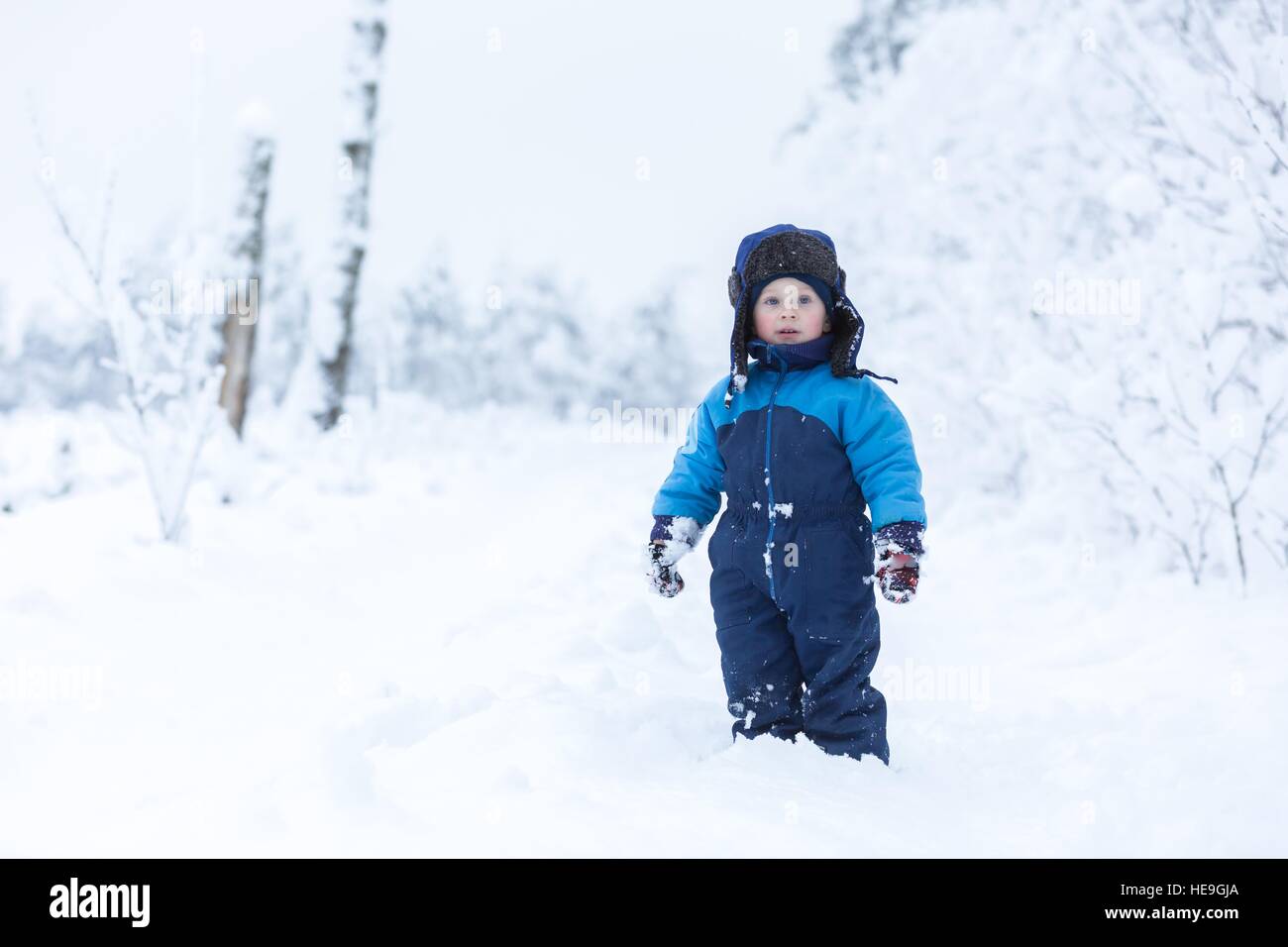 Boy playing in big snow in winter. Happy caucasian child playing in ...