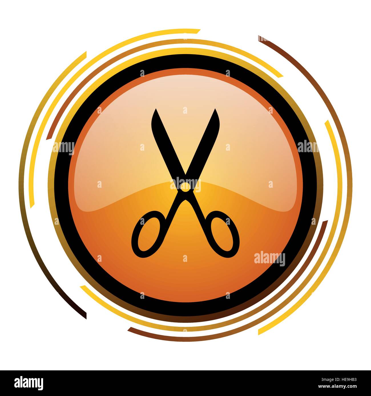 Scissors vector icon. Modern design round orange button isolated on ...