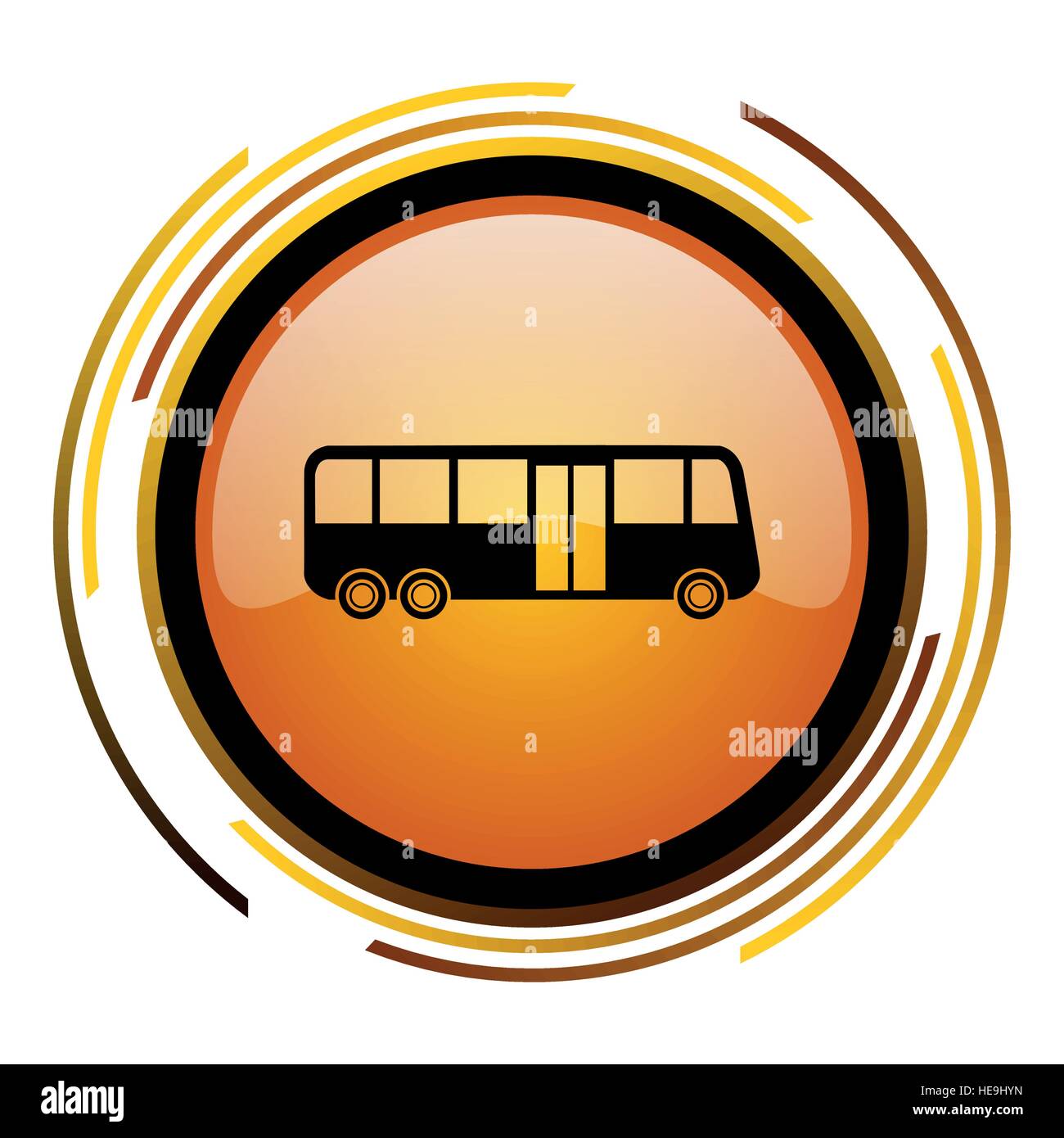 Bus vector icon. Modern design round orange button isolated on white ...