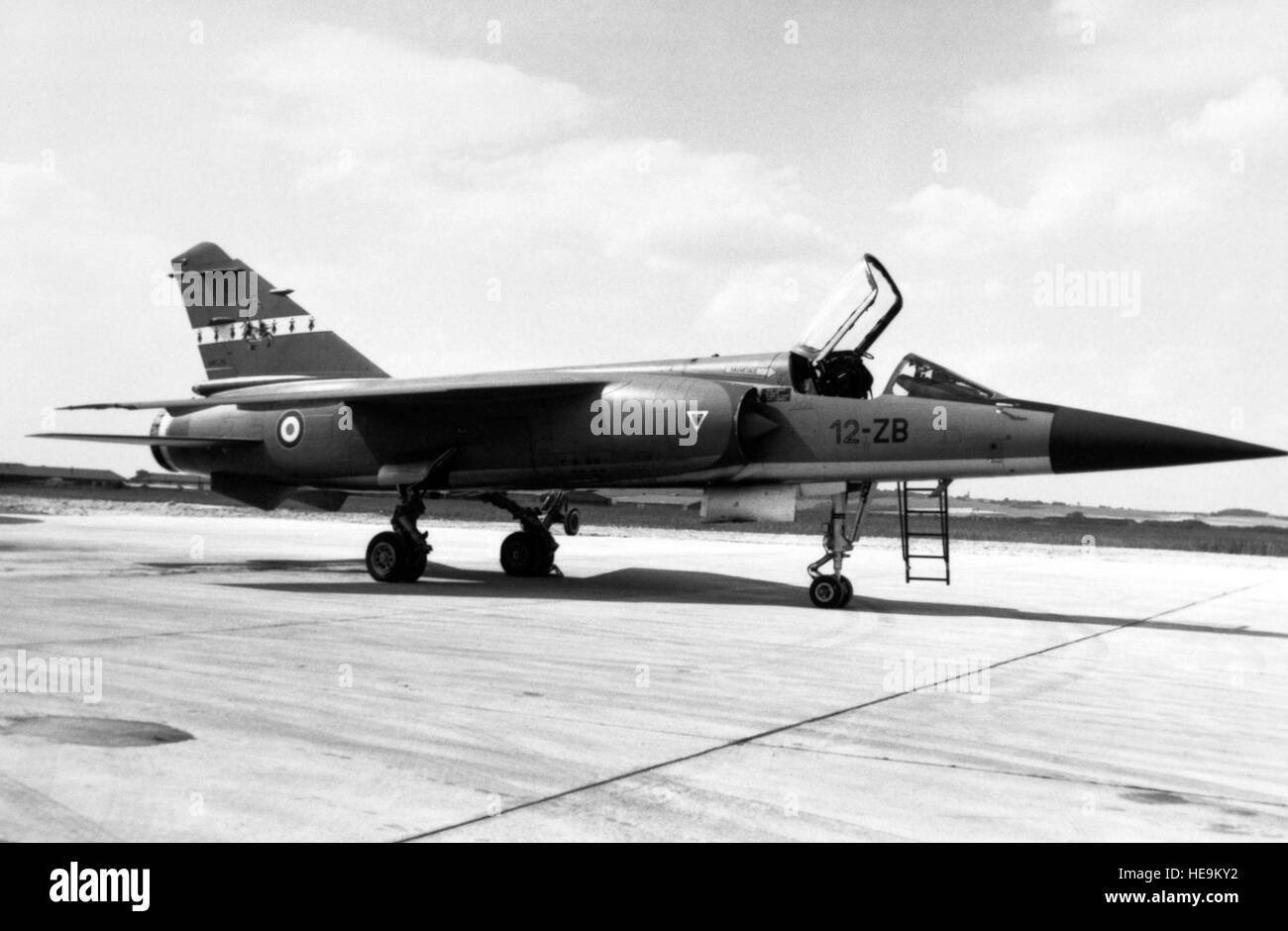 A right front view of a French air force Mirage F-1C aircraft parked on ...