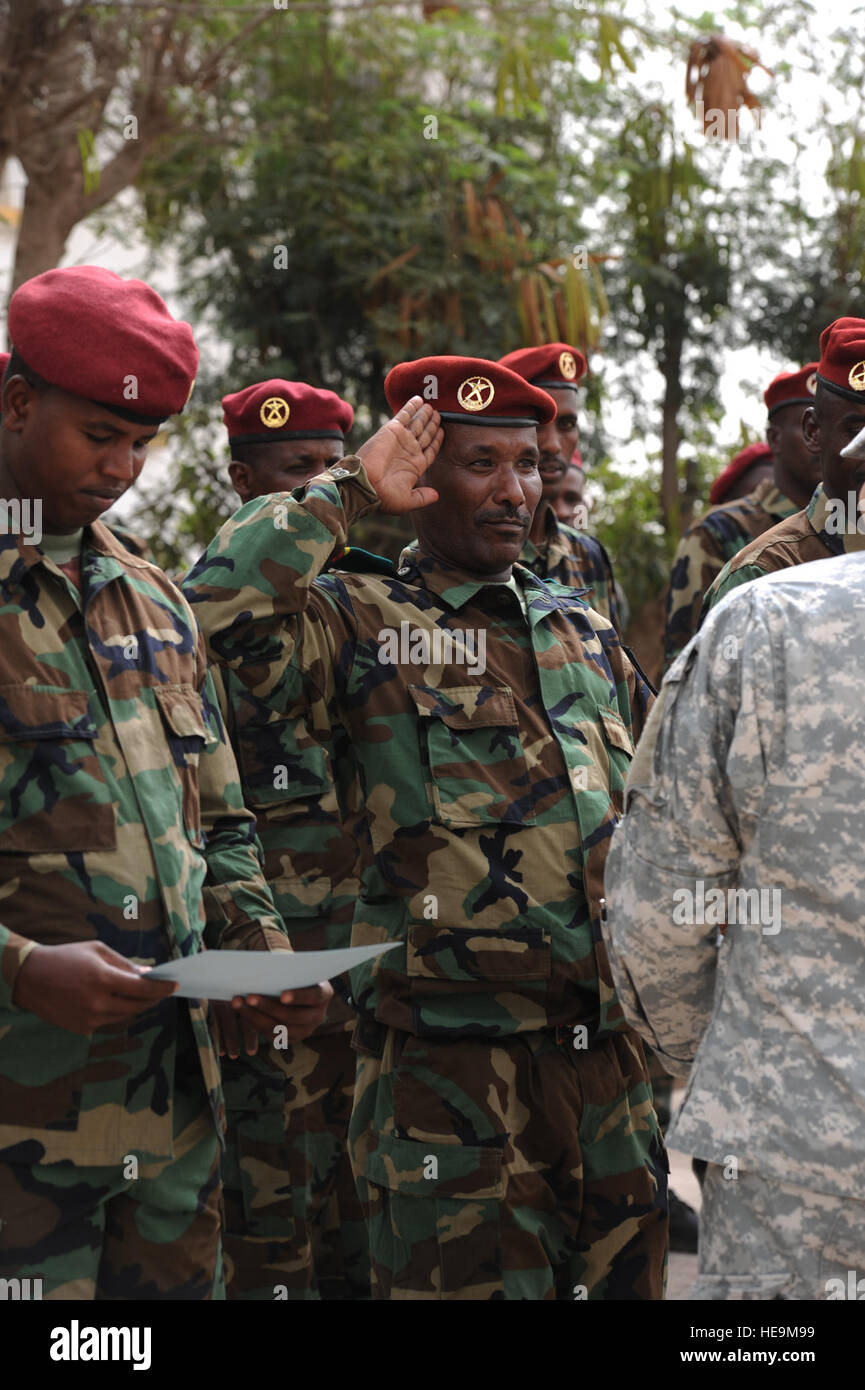 A Djiboutian army soldier salutes during his graduation ceremony after ...