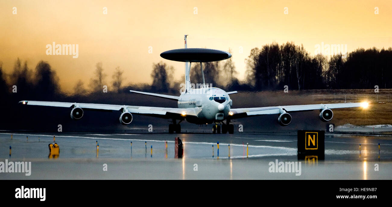 An E-3 Sentry Airborne Warning and Control System aircraft prepares to ...