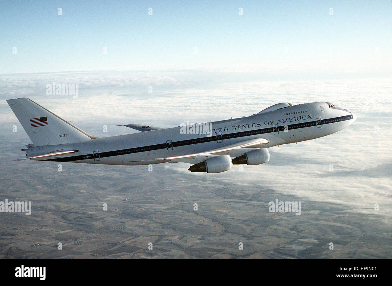 An air-to-air right side view of an E-4B Advanced Airborne Command Post ...