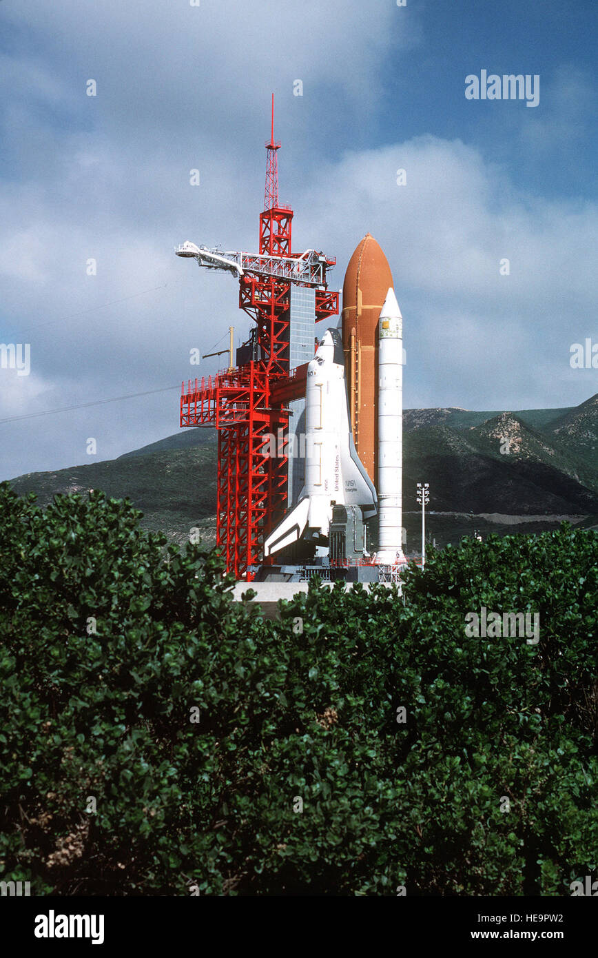 Overall view of Space Shuttle Enterprise in launch position on the ...