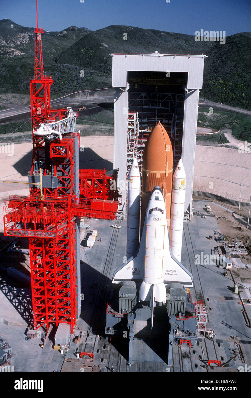 The space shuttle Enterprise, mated to an external tank and solid ...