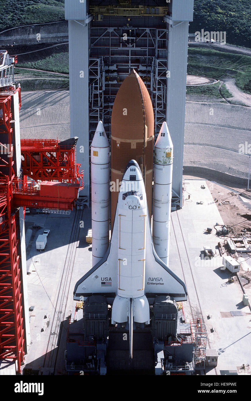 High angle view of Space Shuttle Enterprise in launch position on the ...