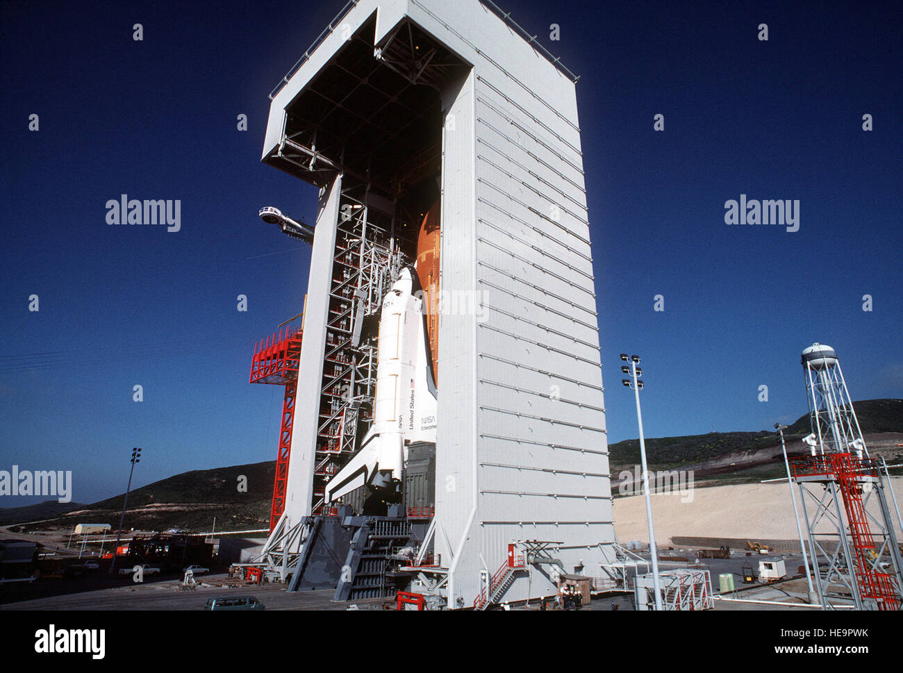 View of Space Shuttle Enterprise in position on the Space Launch ...