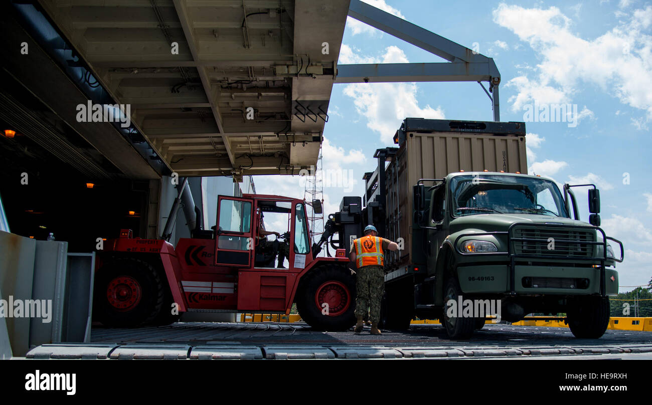 Sailors unload cargo during Exercise Turbo Distribution, a U.S ...