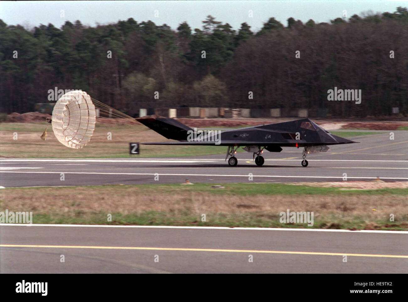 An F-117 deploys its drag chute on landing at Spangdahlem Air Base ...