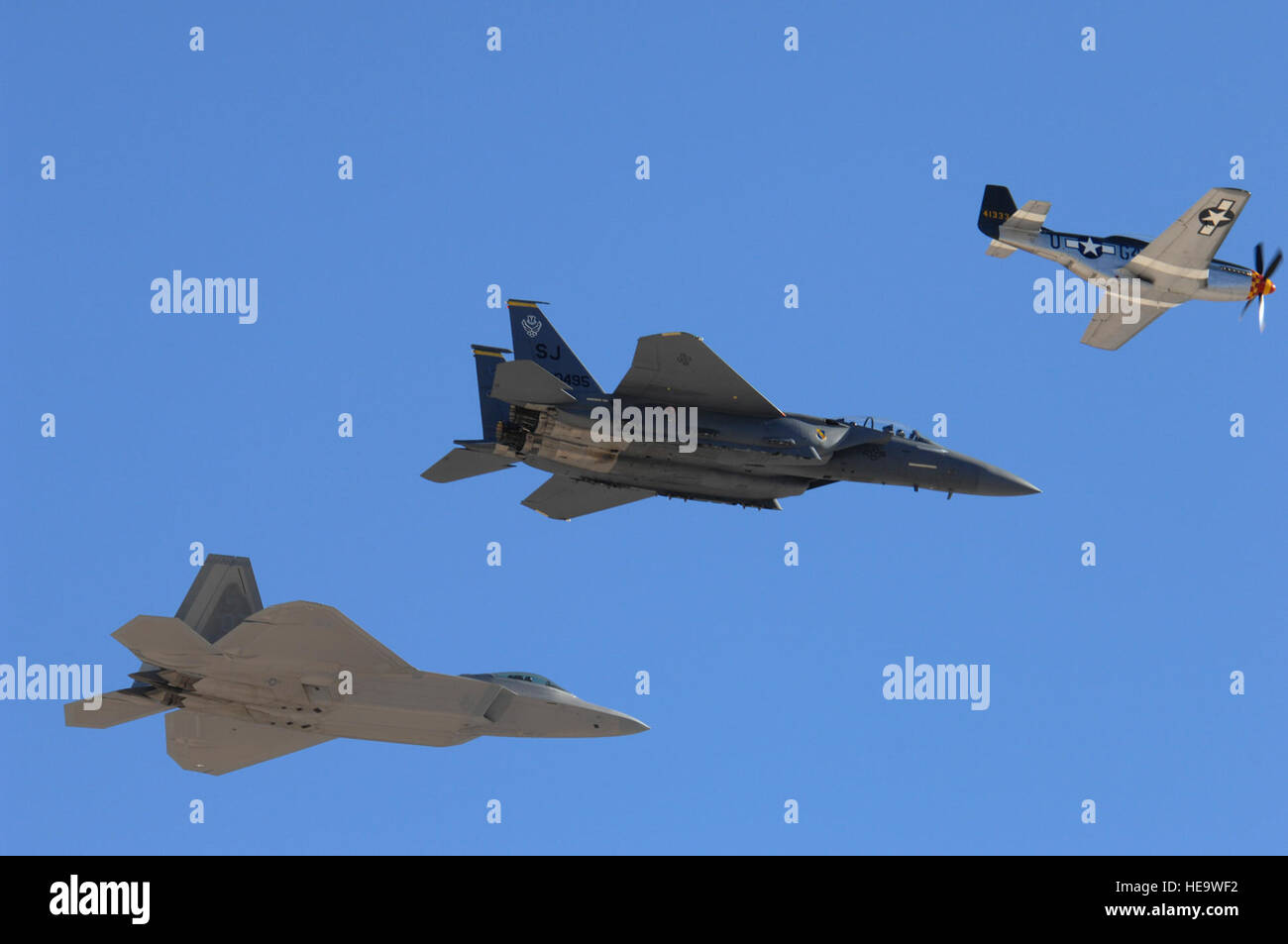 (from left to right) A F-22 Raptor, F-15E Strike Eagle and P-51 Mustang ...