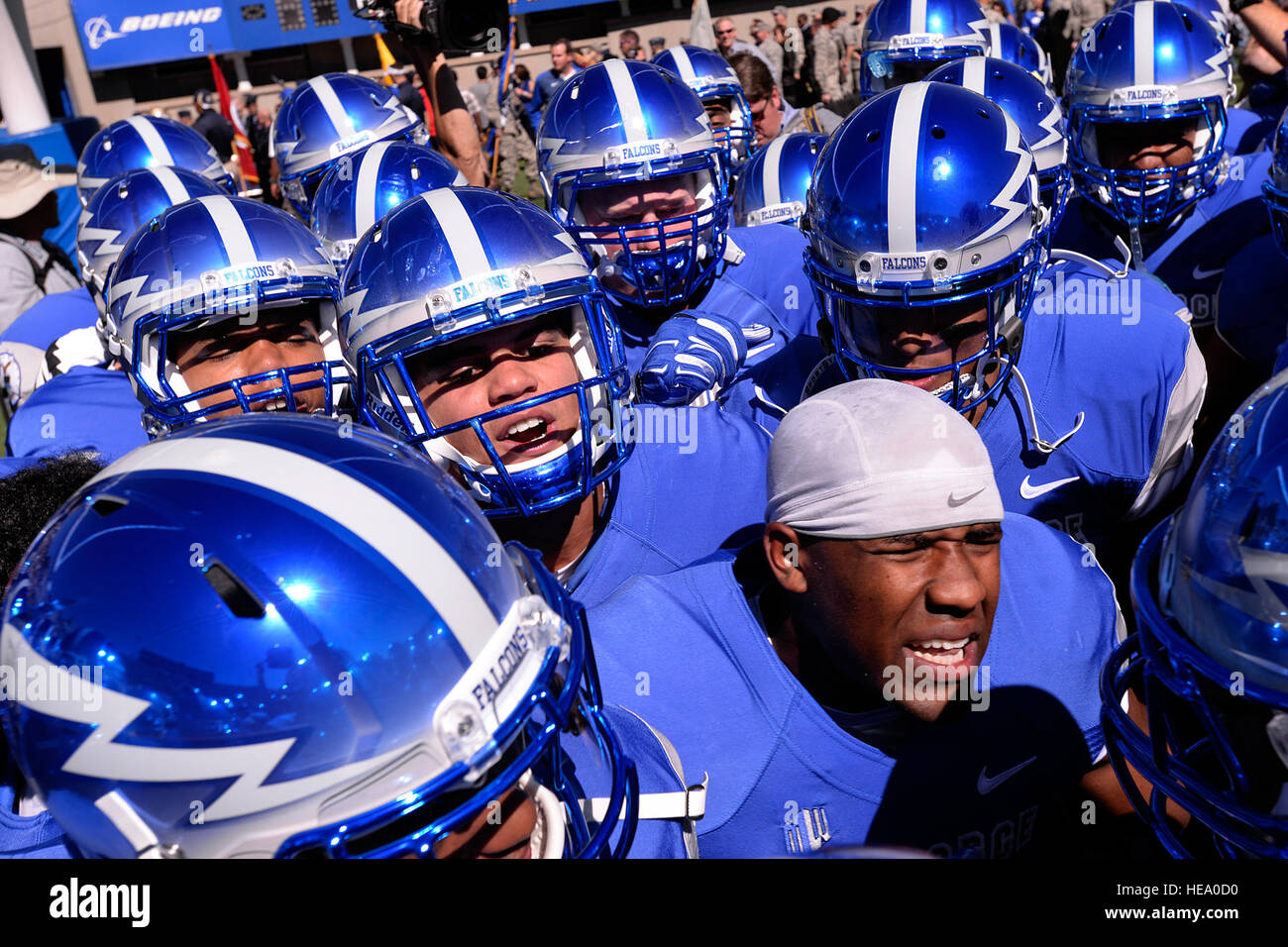 The U.S. Air Force Academy Falcons huddle during pregame warmups as ...