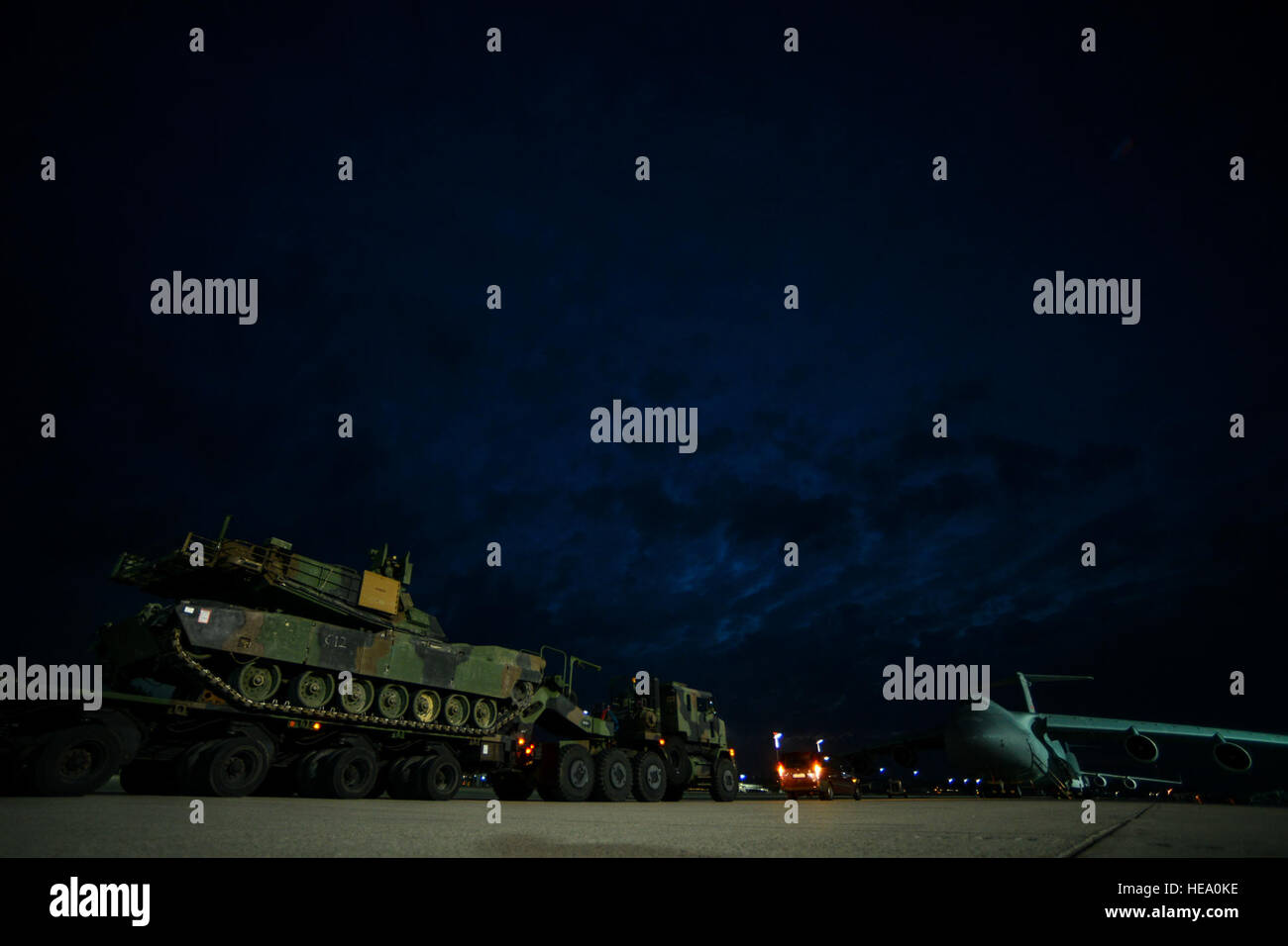 An M1A2 Abrams Main Battle Tank is staged on the flight line at ...