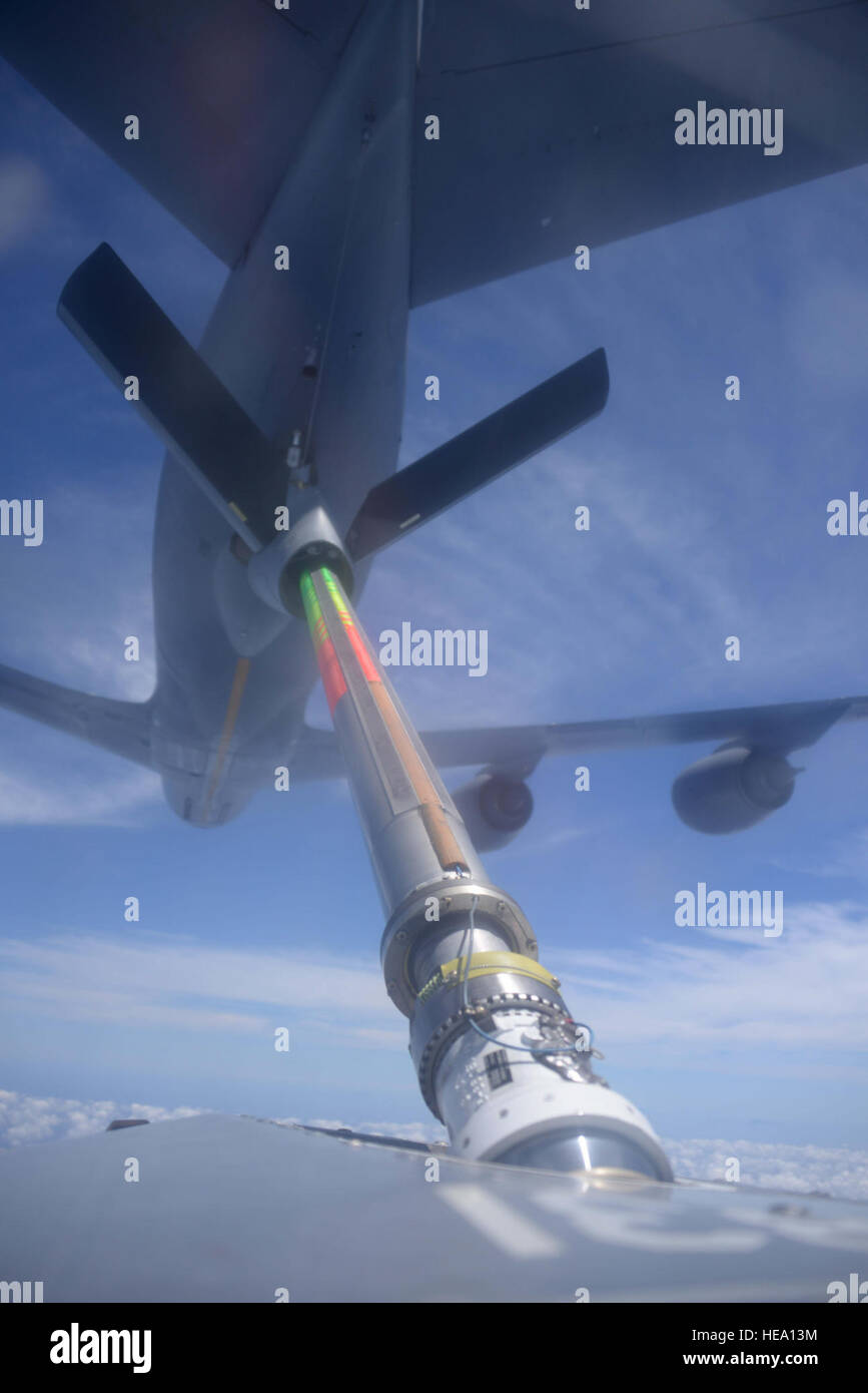 A KC-135 Stratotanker from the 909th Air Refueling Squadron connects to ...