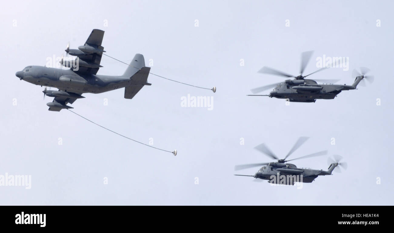 A MC-130W refuels two MH-53J Pave Lows during an air demonstration ...