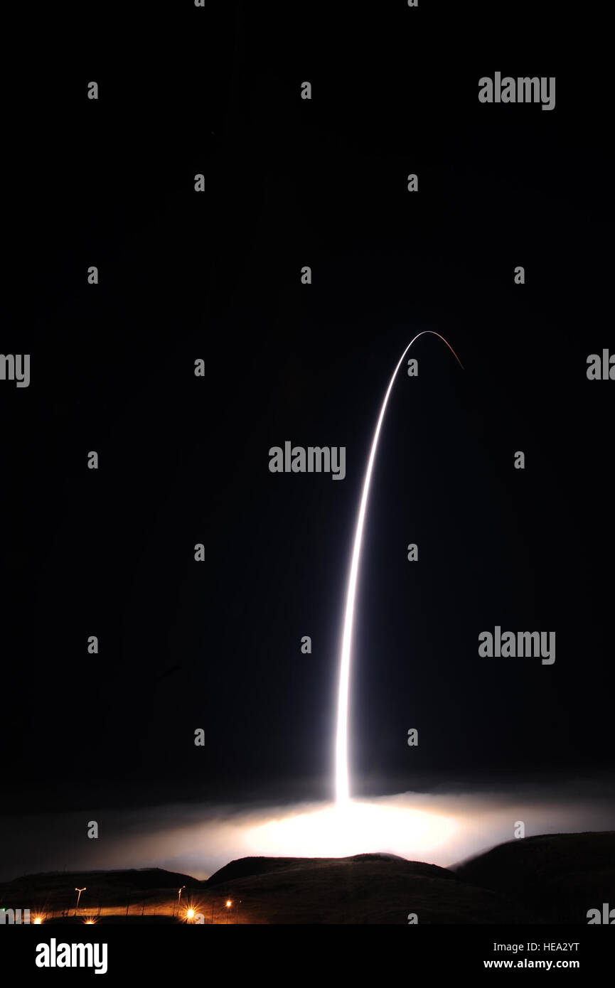 An unarmed Minuteman III intercontinental ballistic missile accelerates ...