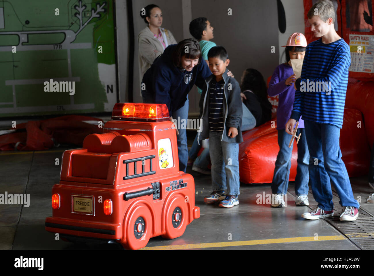 Freddie the Fire Truck talks to children during the Firefighters’ Open ...
