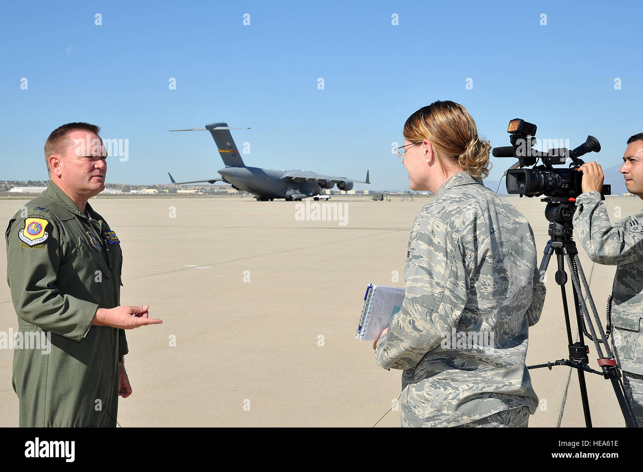 U.S. Air Force Col. Bo Mahaney, 452nd Air Mobility Wing commander is interviewed by Lt. Col ...
