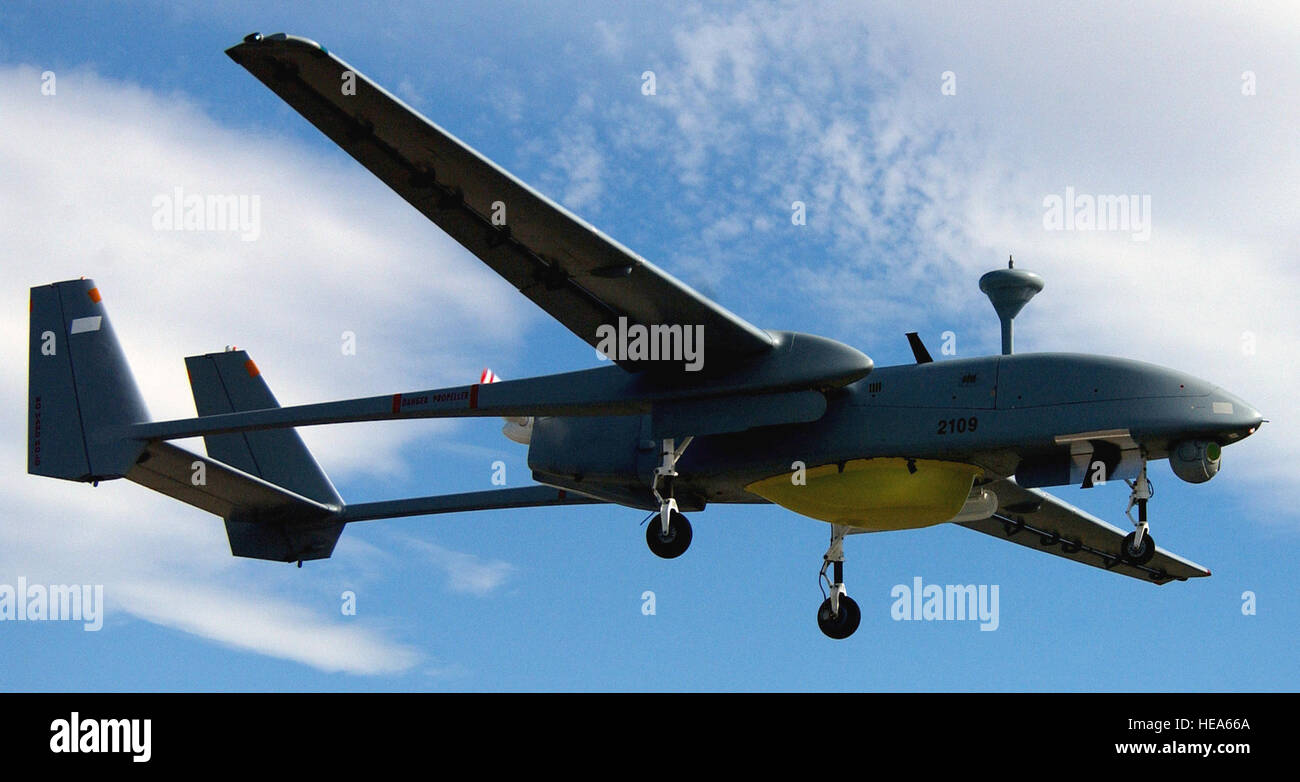 A Hunter Joint Tactical Unmanned Aerial Vehicle (UAV) in flight during ...