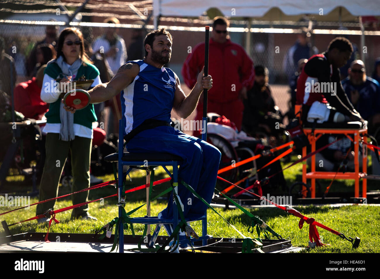 Air Force athlete Ryan Pinney competes in the seated discus during the ...