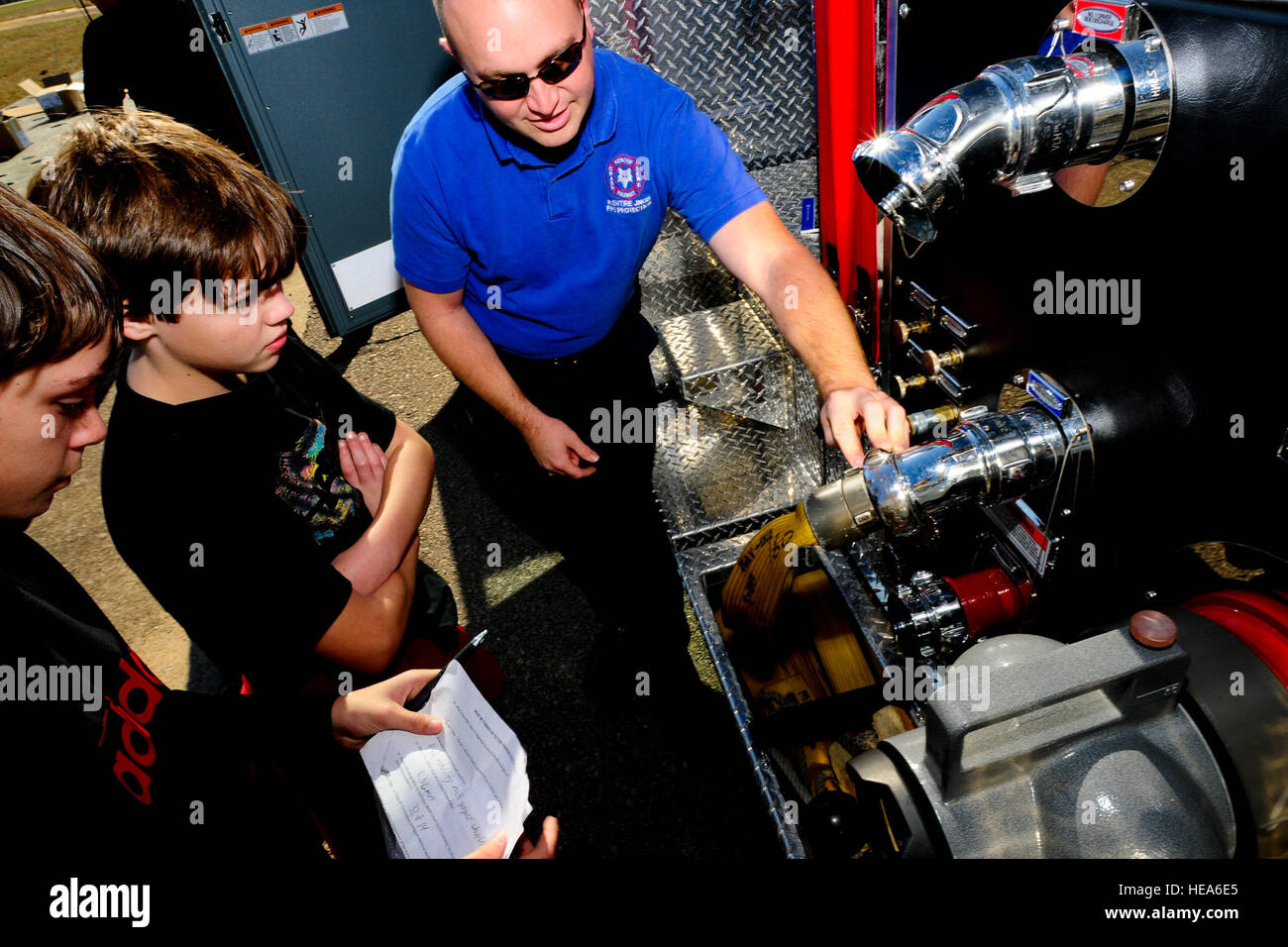 Firemen Jason Dukes, 169th Civil Engineer Fire Department, demonstrates ...