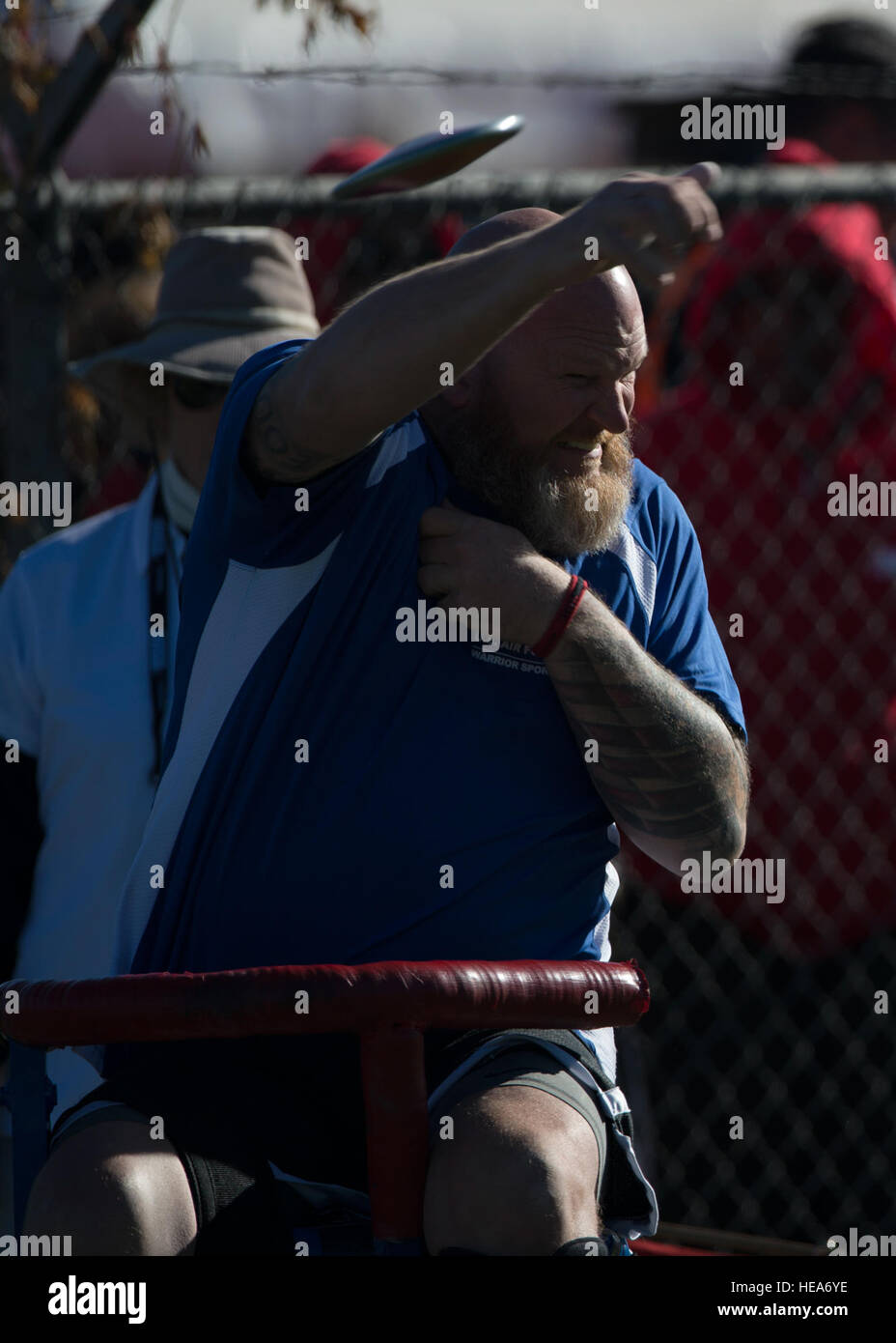Air Force athlete Keith Sekora throws a discus during the track and ...